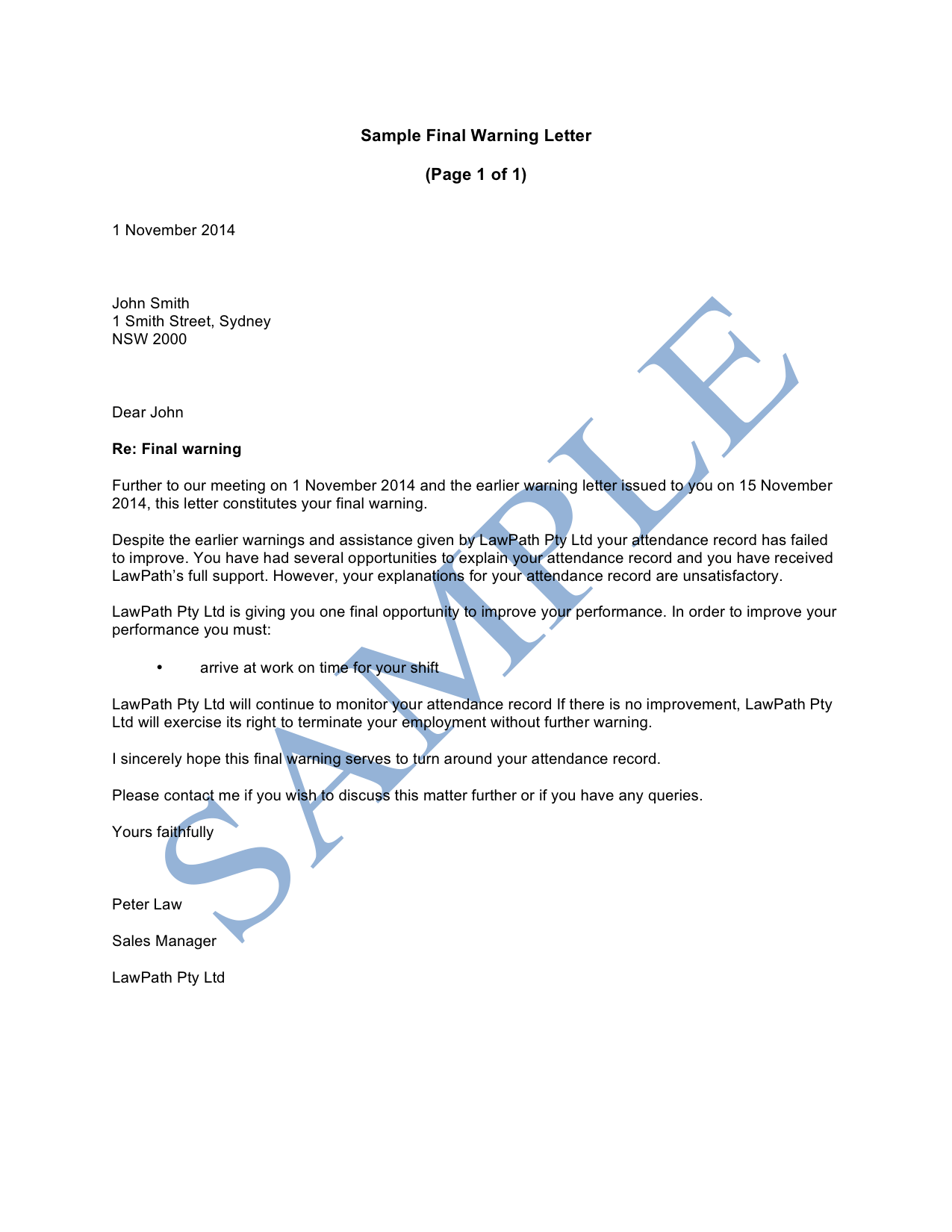Final Warning Letter Sample Lawpath